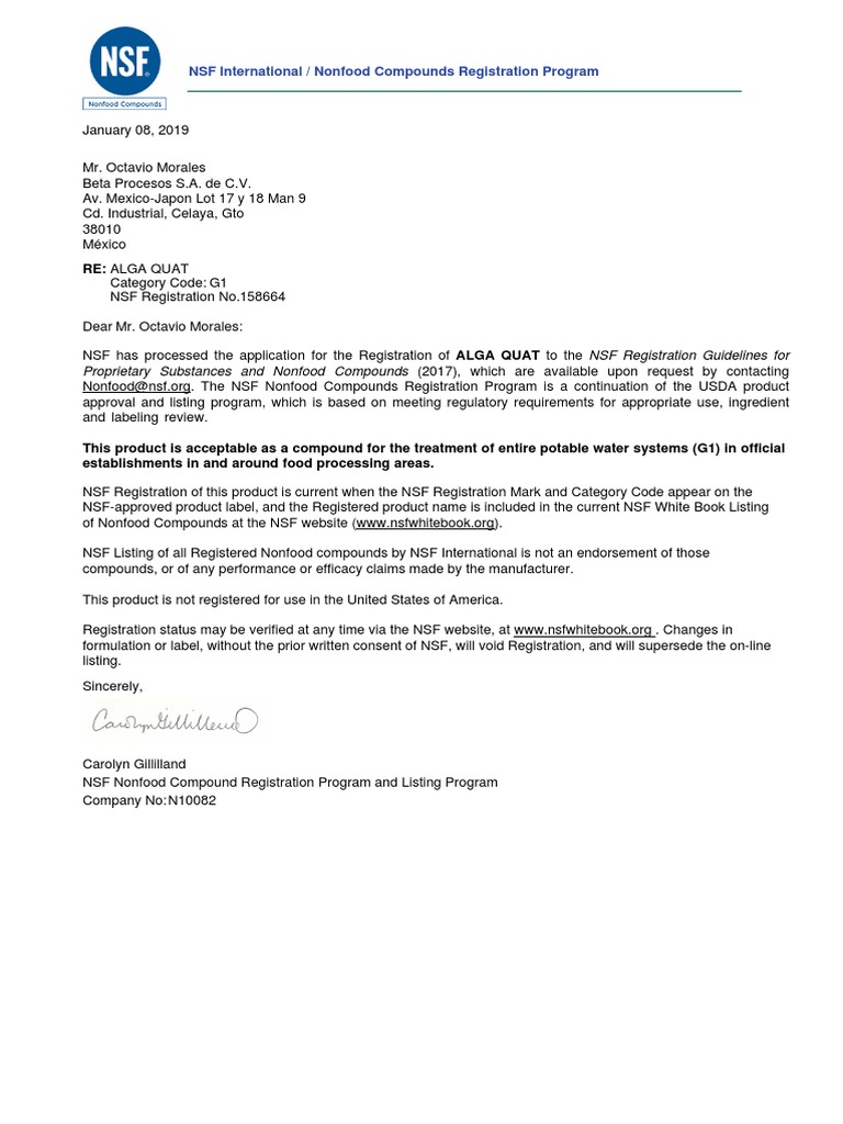 NSF International / Nonfood Compounds Registration Program | PDF