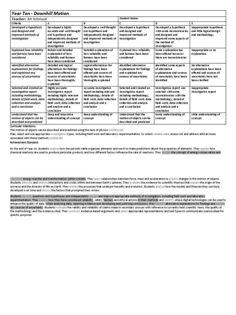 Year Ten Rubrics | PDF