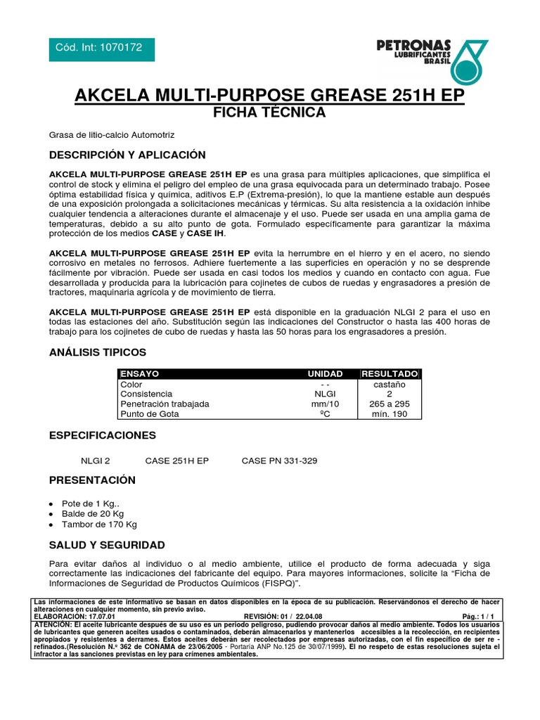 Grasa Multiusos AKCELA 251H EP | PDF | Hierro | Lubricante