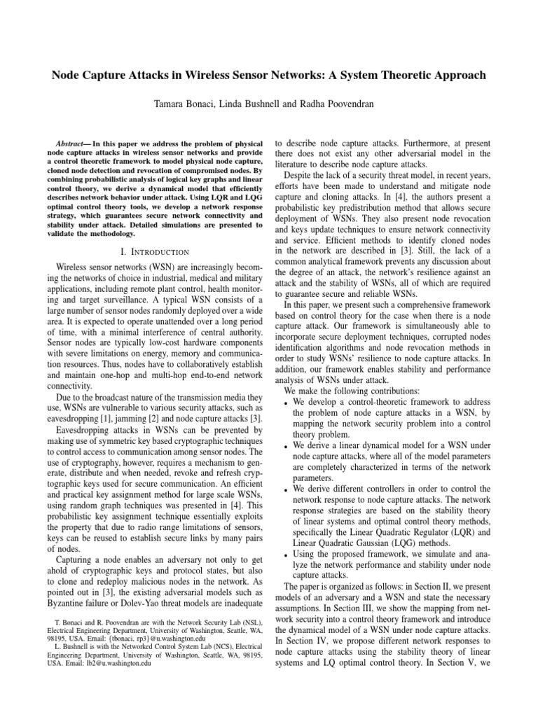 AD Bonaci Node Capture Attacks in WSNs | PDF | Wireless Sensor Network | Kalman Filter