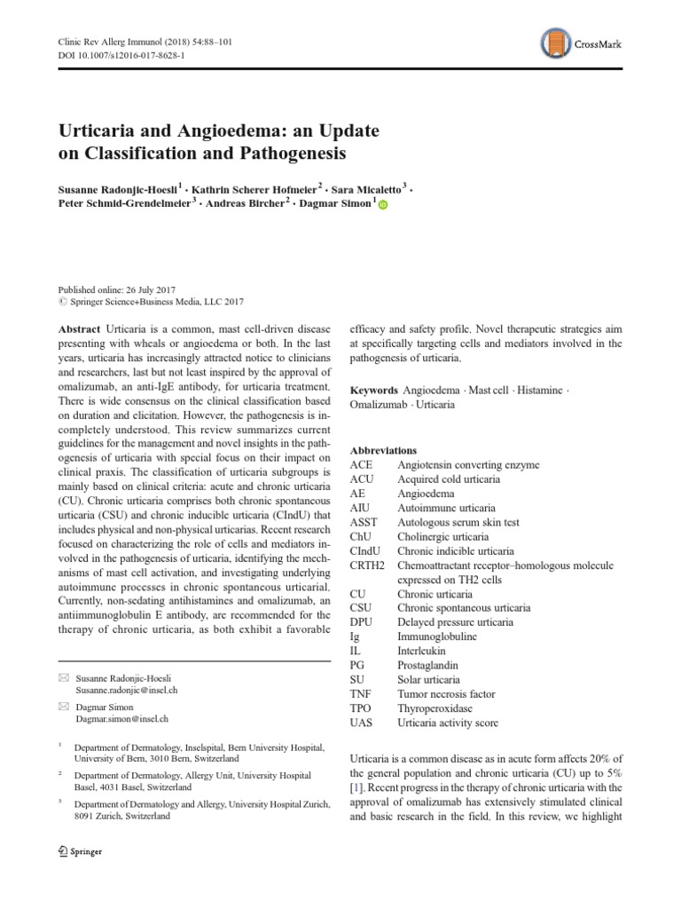 Urticaria and Angioedema - An Update On Classification and Pathogenesis ...