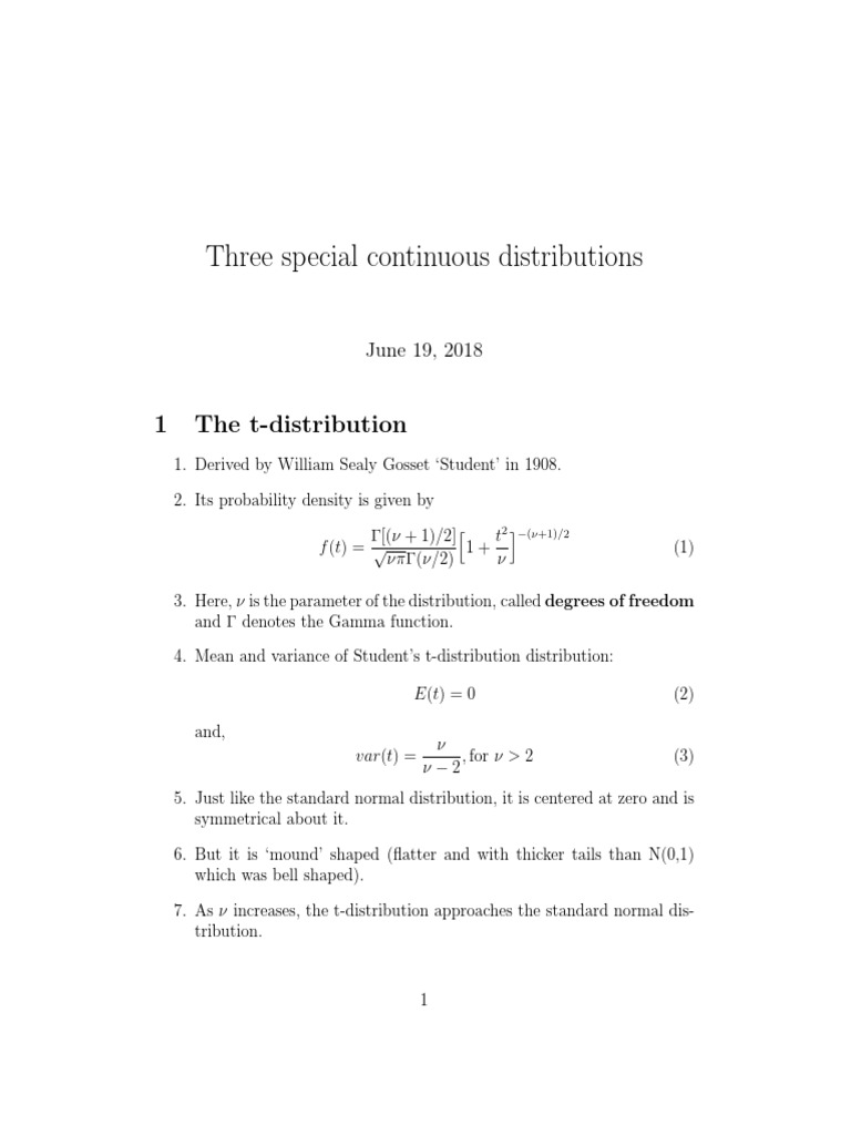 Three Special Continuous Distributions: 1 The T-Distribution | PDF ...