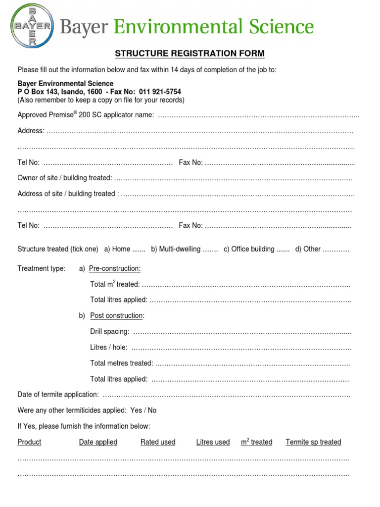 Structure Registration Form: Bayer Environmental Science P O Box 143 ...