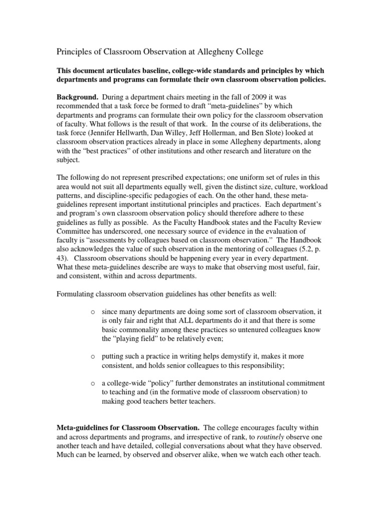 Principles of Classroom Observation at Allegheny College | PDF ...