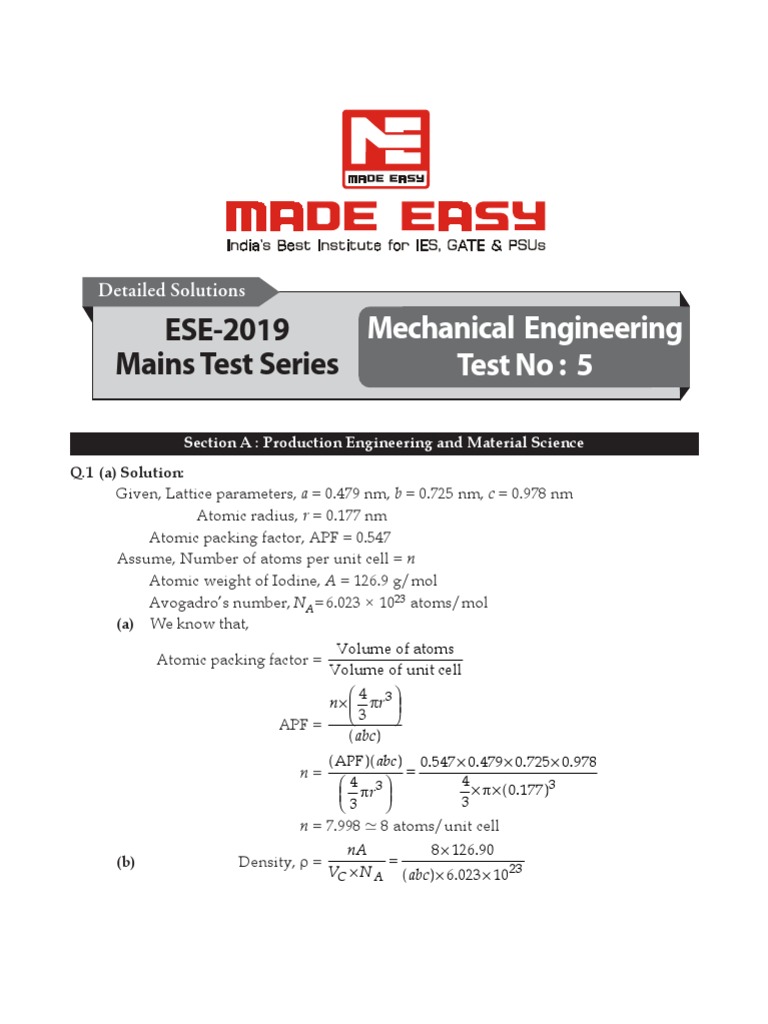 ESE-2019 Mains Test Series: Mechanical Engineering Test No: 5 ...