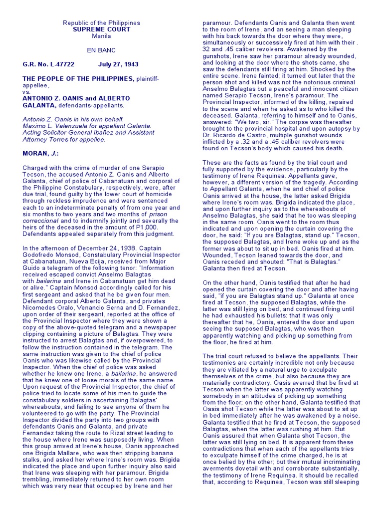 People vs. Oanis and Galanta 74 Phil257 | PDF | Criminal Law | Murder