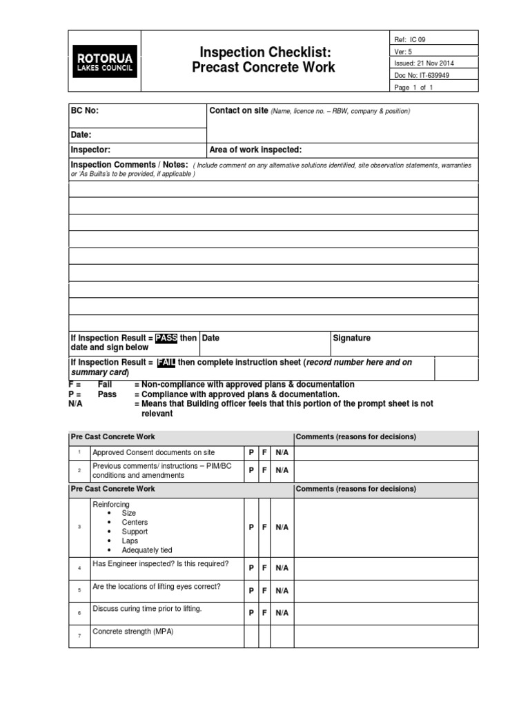 Inspection Checklist: Precast Concrete Work: (Name, Licence No. - RBW ...