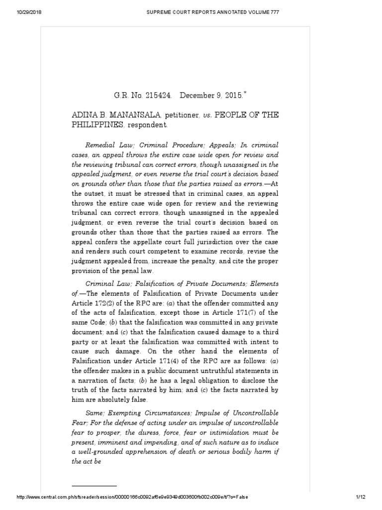 G.R. No. 215424. December 9, 2015. Adina B. Manansala, Petitioner, vs. People of The PHILIPPINES ...