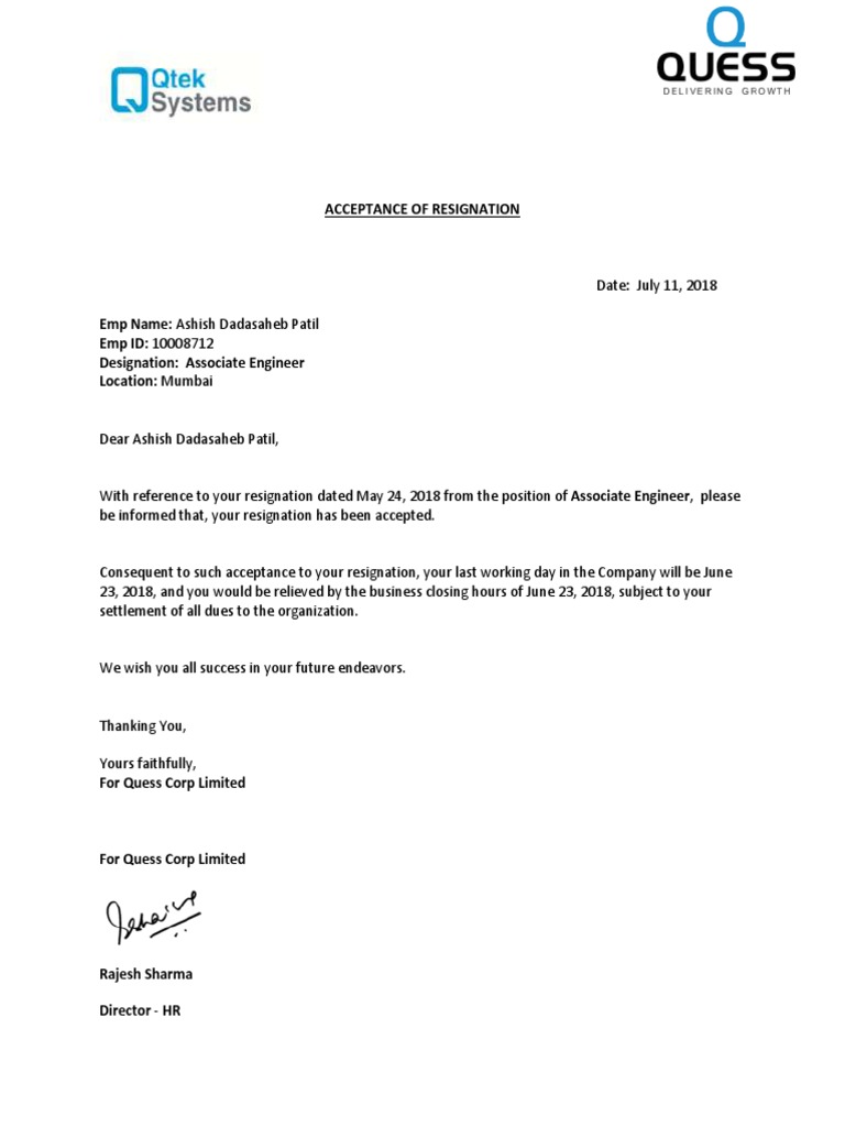 Quess Corp Resignation Acceptance Letter | PDF