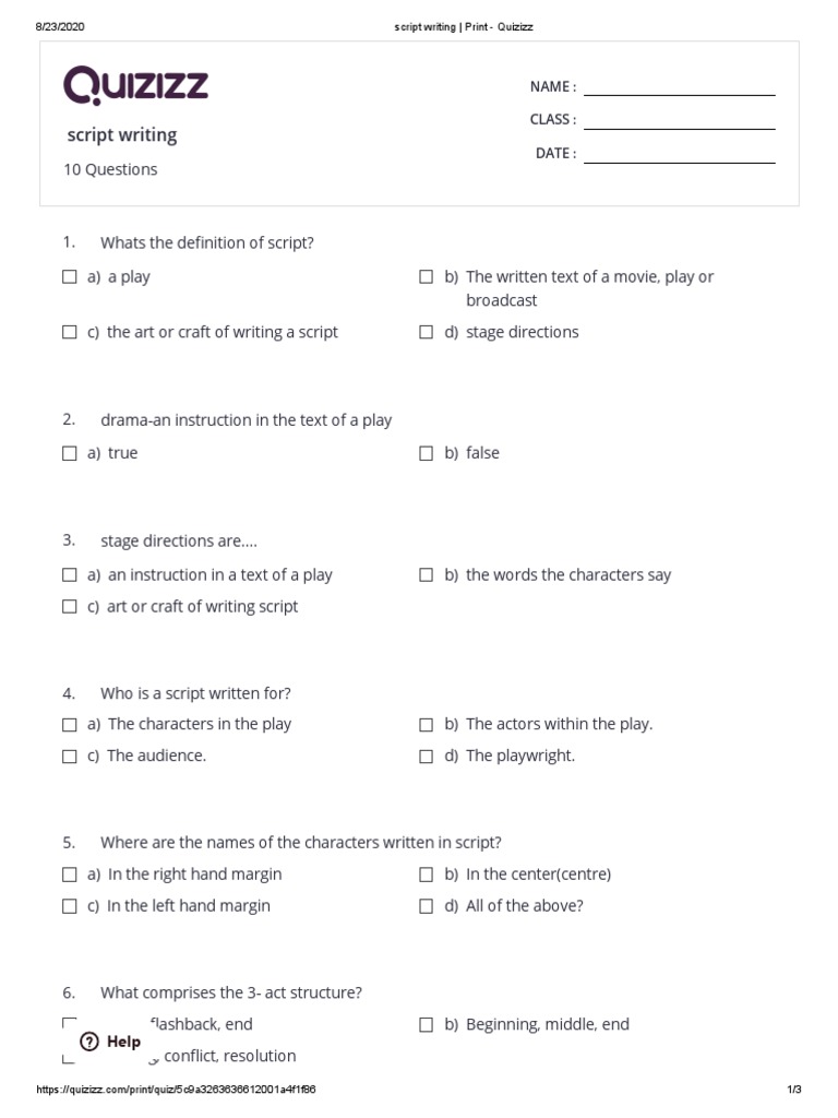 Script Writing - Print - Quizizz | PDF | Dialogue