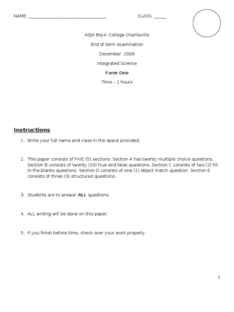 Form 1 Integrated Science - December 2009 | PDF | Gases | Matter