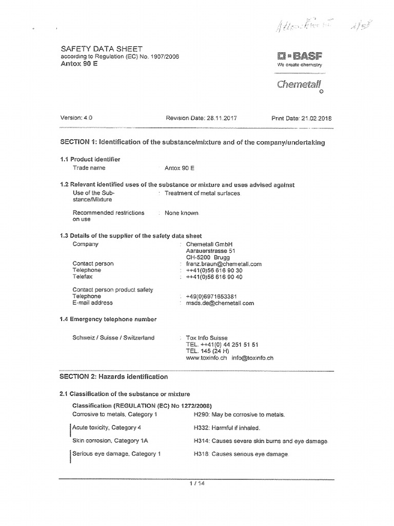 SAFETY DATA SHEET OF ANTOX 90 E For PASSIVATION | PDF