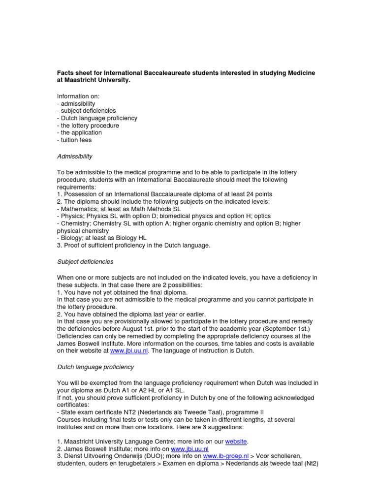 Facts Sheet For International Baccaleaureate Students Interested in ...