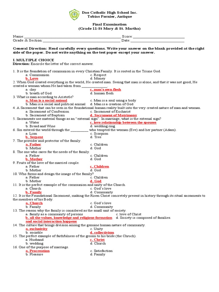 Name: - Score: - Grade & Section: - Date | PDF | Eucharist | Marriage