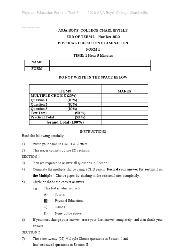 Exam PE F1 T1-2010.11 | PDF | Multiple Choice | Sports
