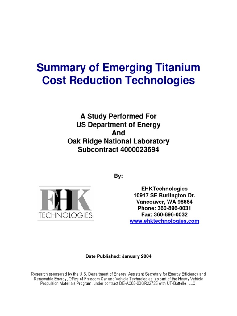 Summary of Emerging Titanium Cost Reduction Technologies | PDF ...