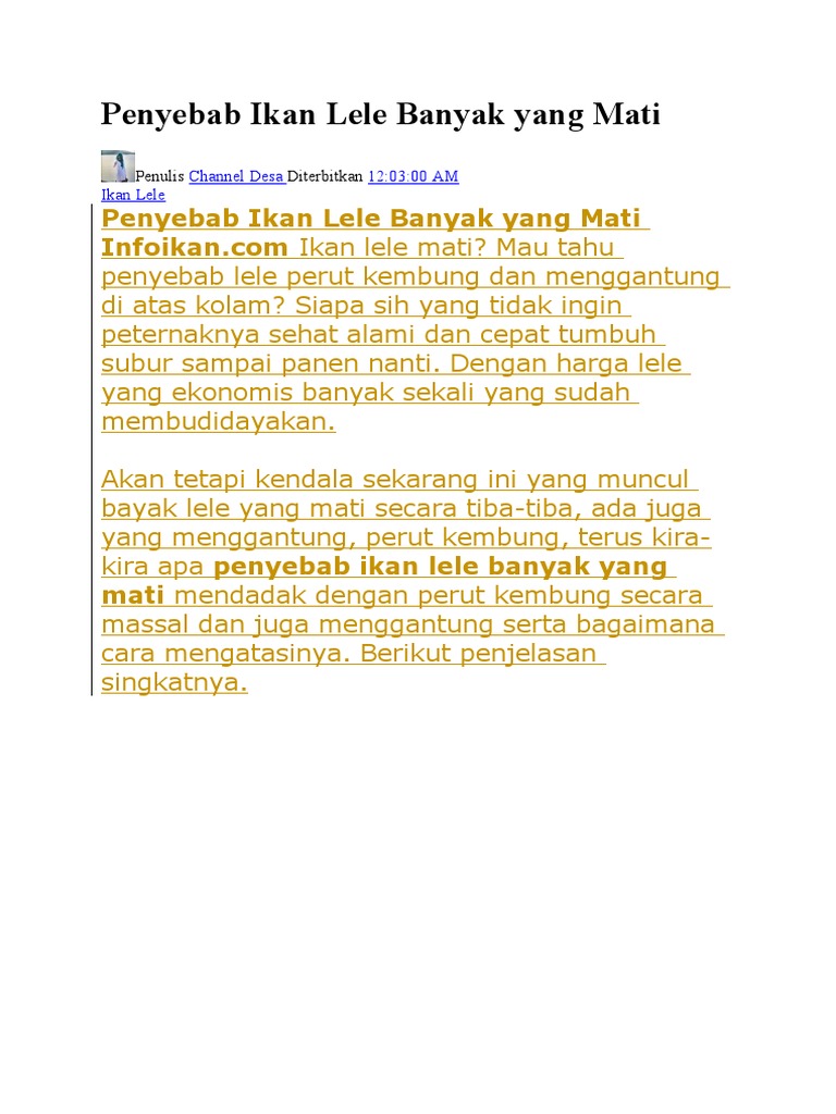Penyebab Ikan Lele Banyak Yang Mati | PDF | Kesehatan Holistik