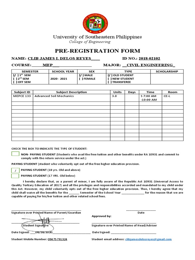 Pre-Registration Form: University of Southeastern Philippines | PDF ...