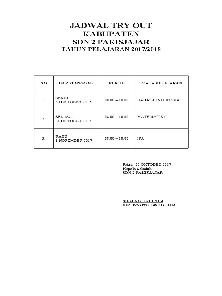 Jadwal Try Out Ke I | PDF