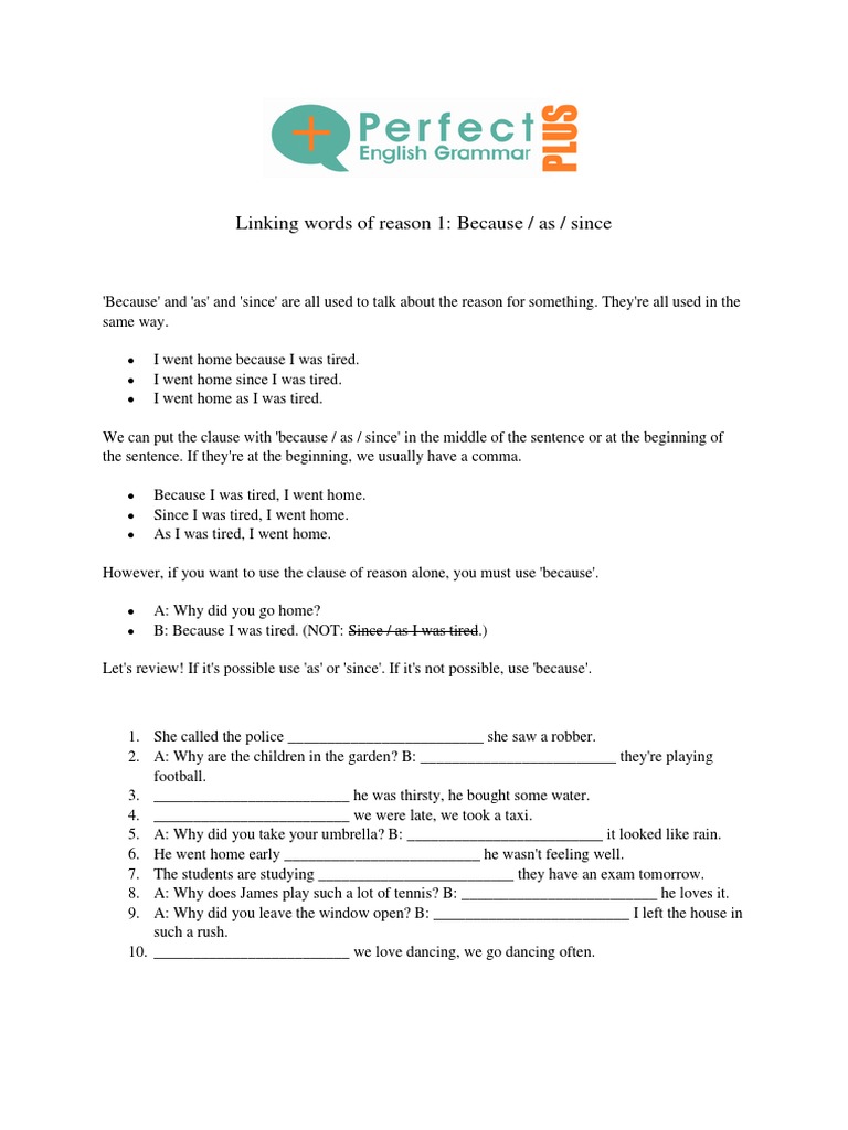 Linking Words of Reason 1: Because / As / Since | PDF
