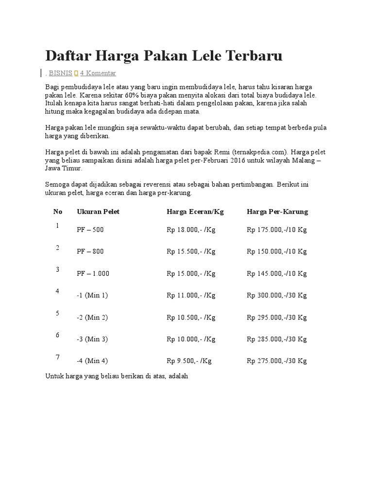 Daftar Harga Pakan Lele Terbaru | PDF