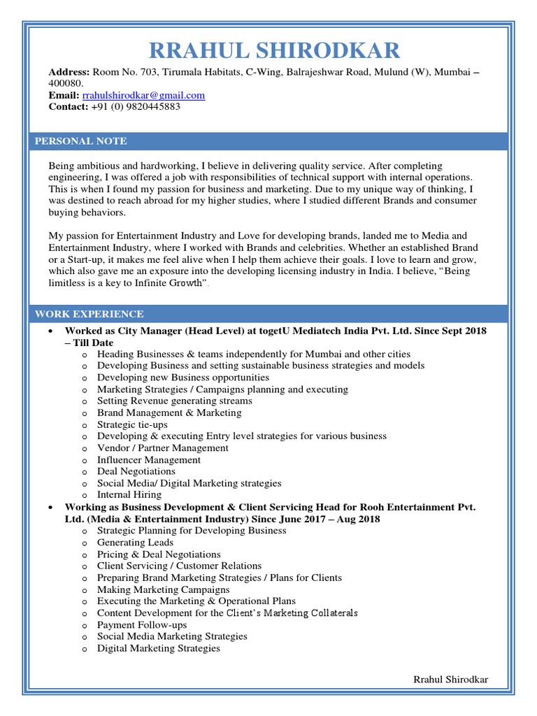 Resume Rahul Shirodkar Updated | PDF | Digital Marketing | Marketing