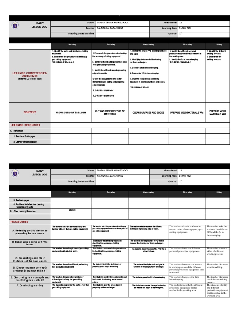 Grade 11 SMAW Lesson Plan Q1 | PDF | Personal Protective Equipment ...