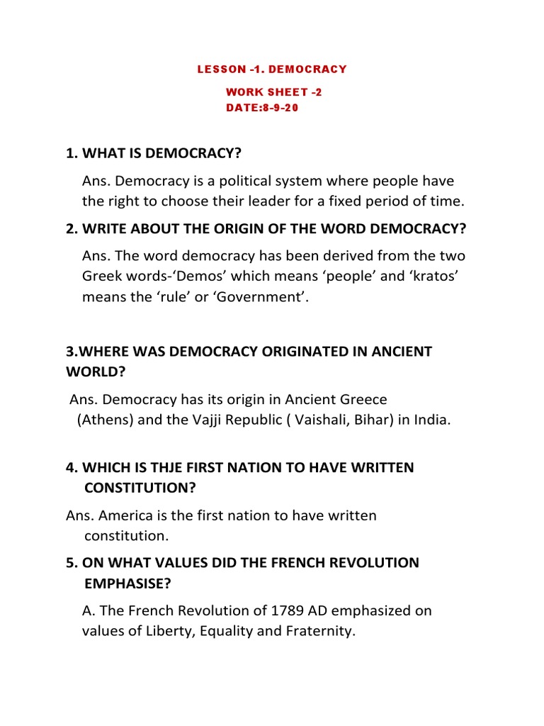 DEMOCRACY Work Sheet 2CLASS 7 | PDF