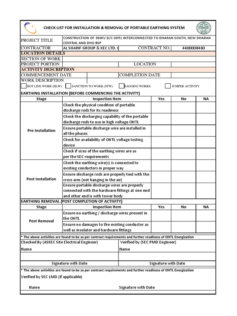 Portable Earthing Checklist | PDF | Electric Power | Manufactured Goods