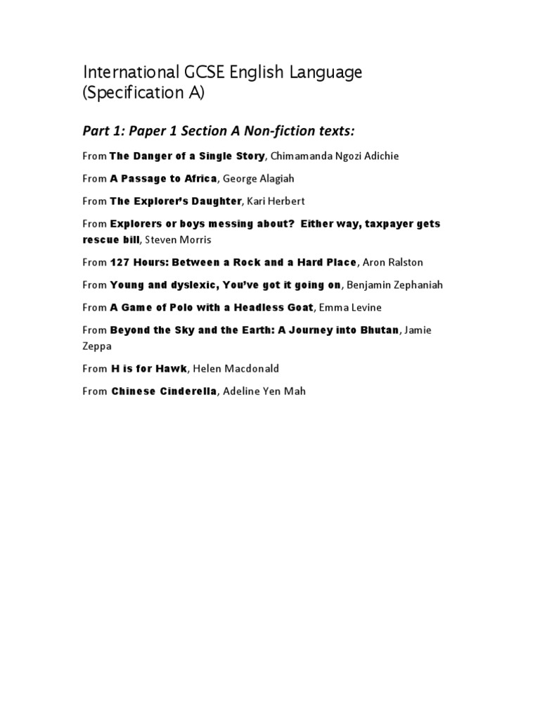IGCSE Edexcel Anthology Contents Non Fiction PDF | PDF