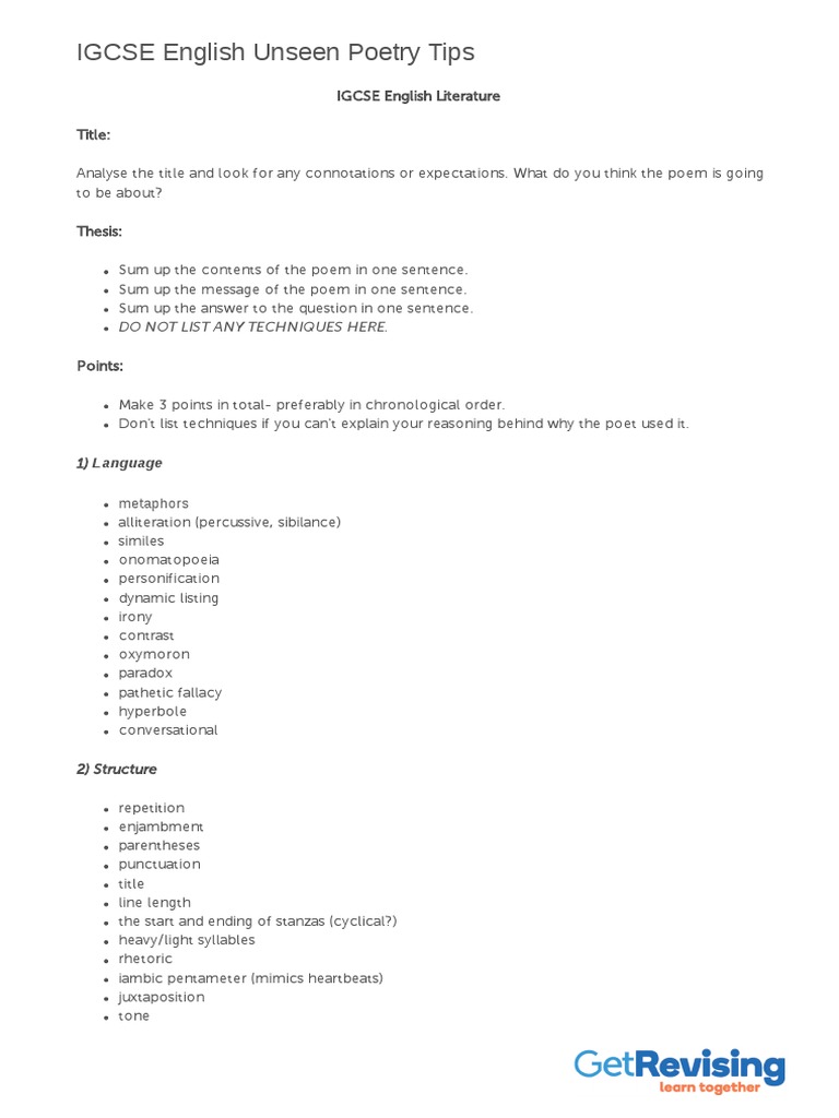 IGCSE English Unseen Poetry Tips | PDF