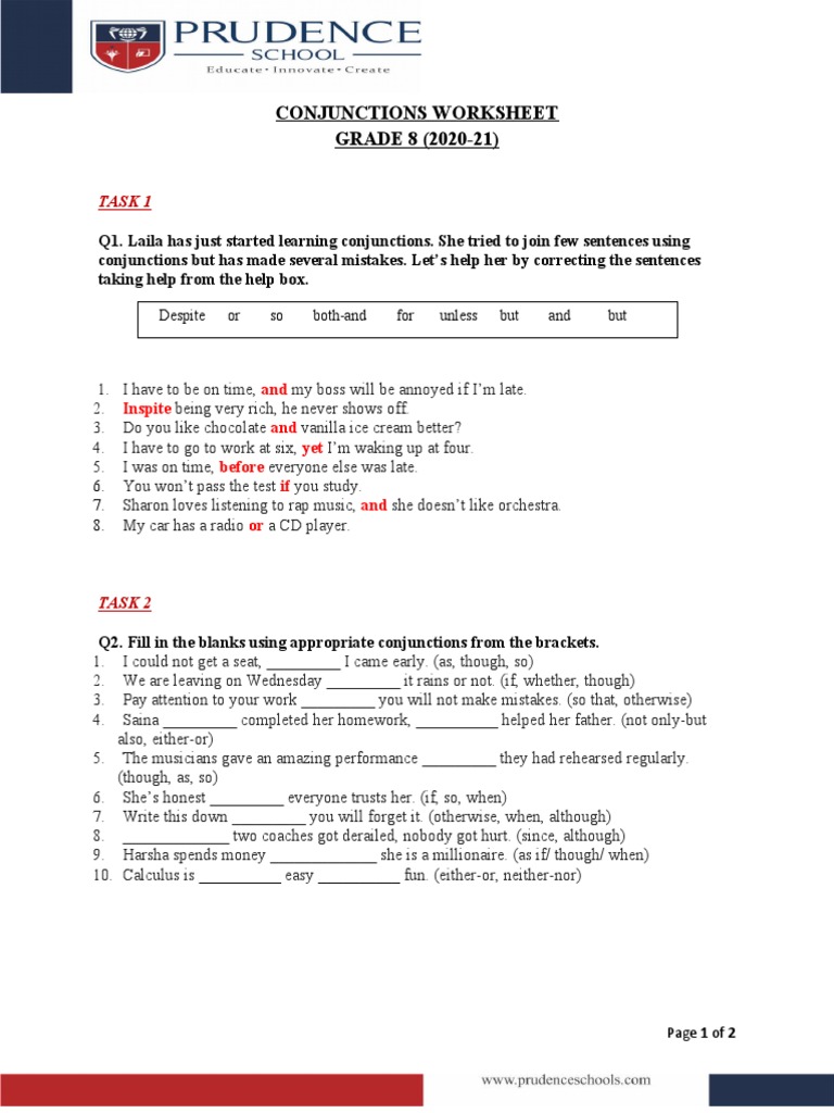 Conjunctions Worksheet GRADE 8 (2020-21) : Task 1 | PDF