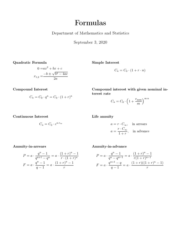 Formulas: Department of Mathematics and Statistics September 3, 2020 ...