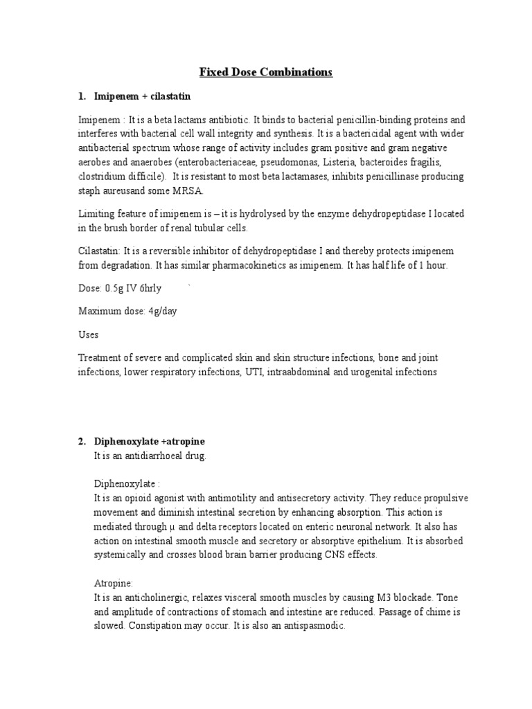 Fixed Dose Combinations: 1. Imipenem + Cilastatin | PDF | Combined Oral ...