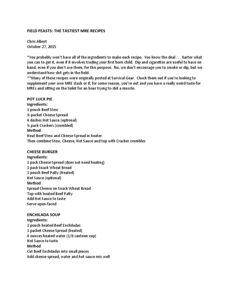 Field Feasts - The Tastiest MRE Recipes | PDF | Peanut Butter | Chocolate