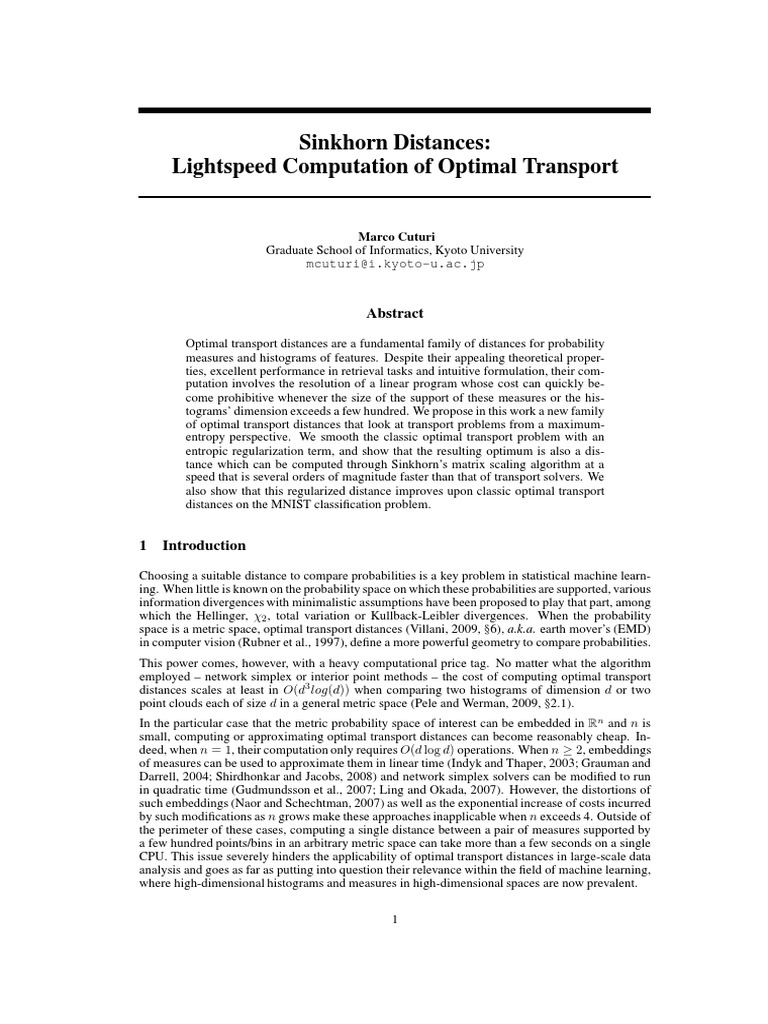 Sinkhorn Distances: Lightspeed Computation of Optimal Transport | PDF ...