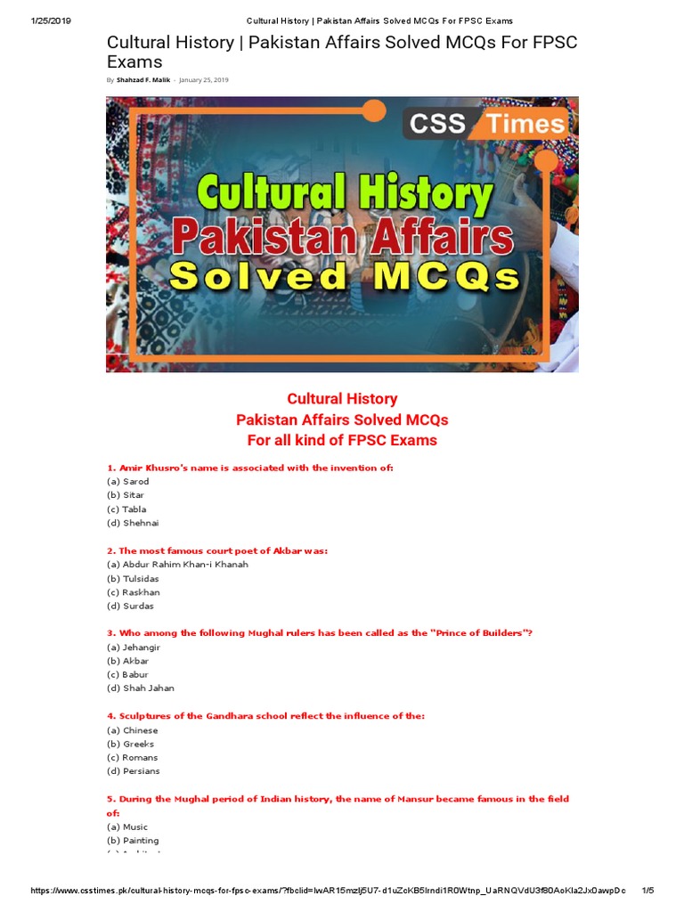 Cultural History - Pakistan Affairs Solved MCQs For FPSC Exams | PDF ...