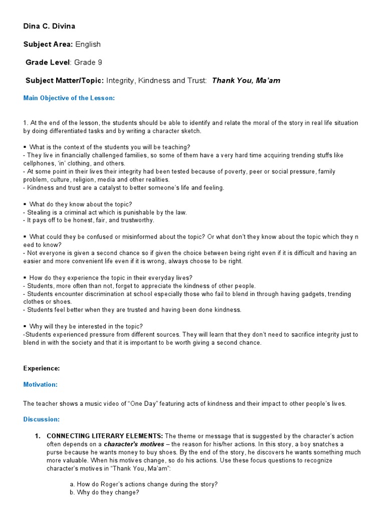 Cultivating Compassion: Teaching Integrity, Kindness, and Trust through "Thank You, Ma'am | PDF ...