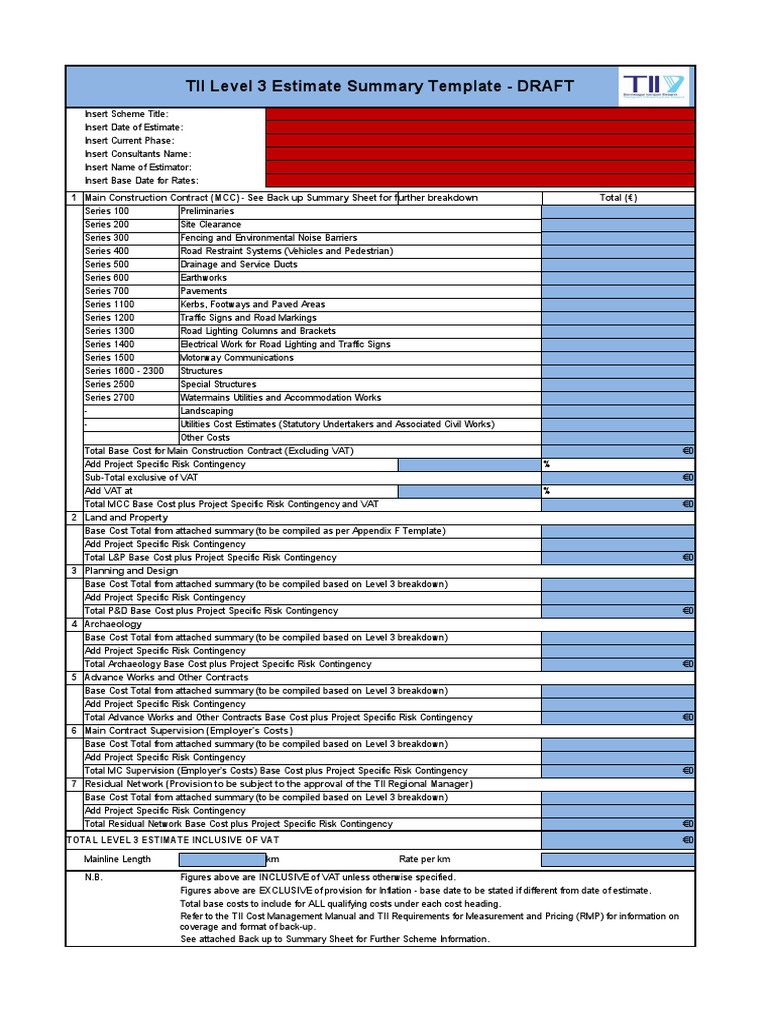 TII Level 3 Estimate Summary Template - DRAFT | PDF | Road | Road Surface