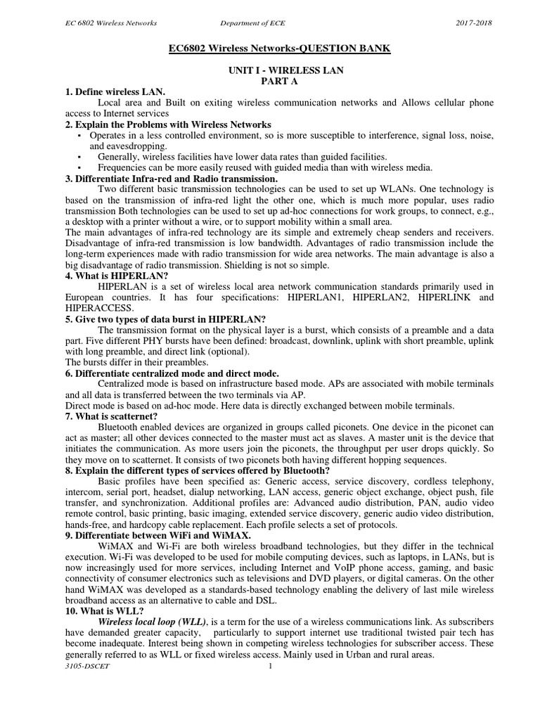 EC6802 Wireless Networks-QUESTION BANK | PDF | Computer Network ...