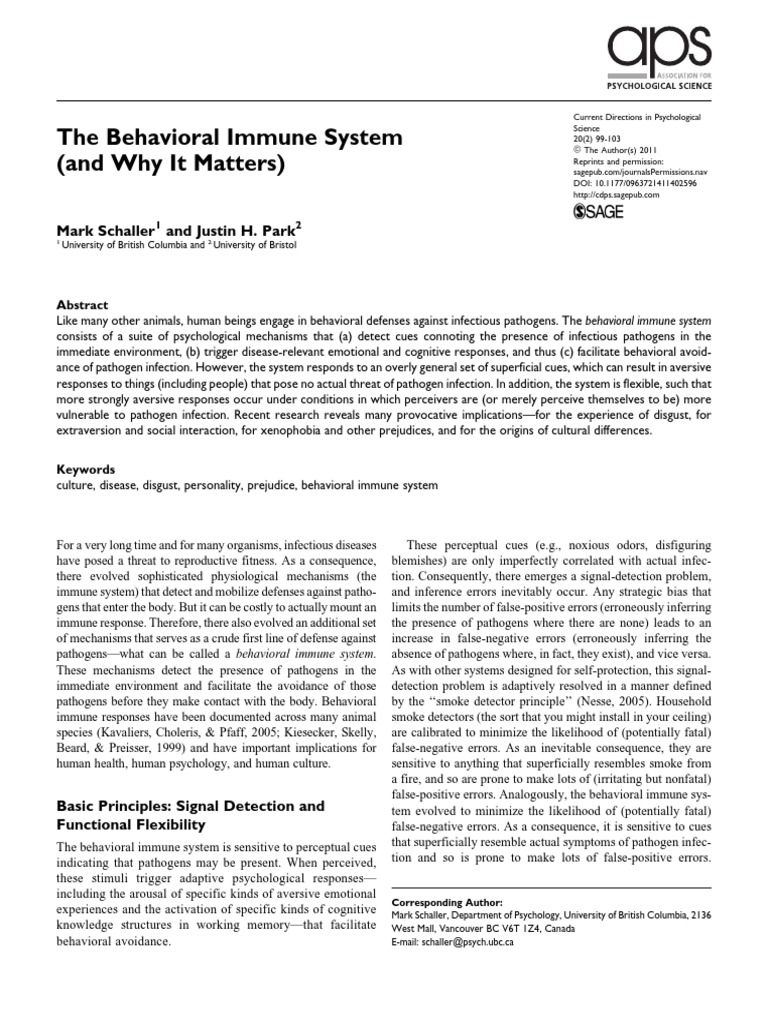 The Behavioral Immune System (And Why It Matters) : Mark Schaller and Justin H. Park | PDF ...