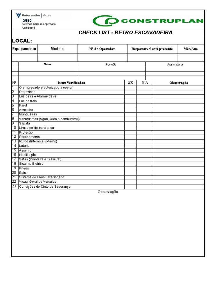 Check List RETRO ESCAVADEIRA DIARIO E MENSAL | PDF | Casa e Jardim ...