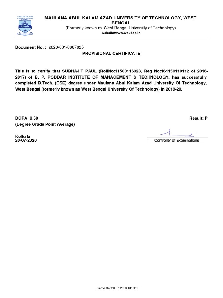 Provisional Certificate: B.Tech CSE 2020 | PDF