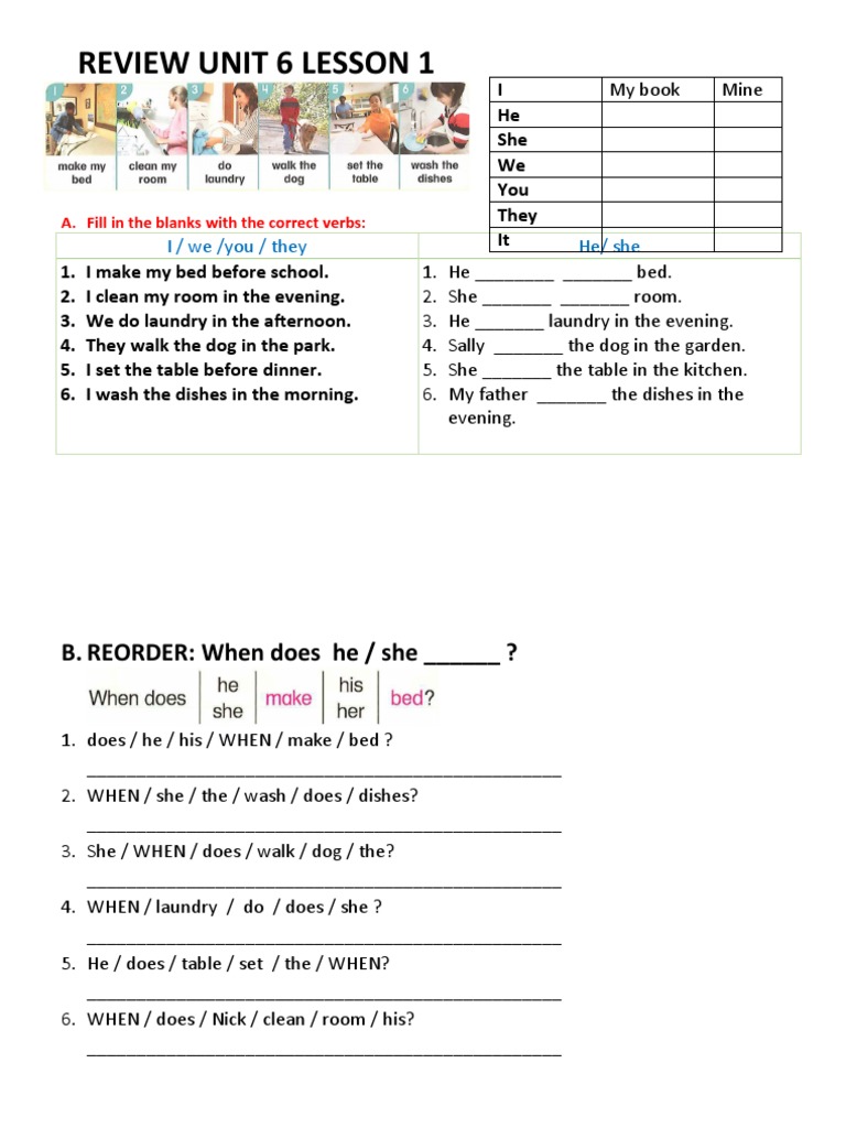 Review Unit 6 Lesson 1: I He She We You They It | PDF | Domestic Life ...