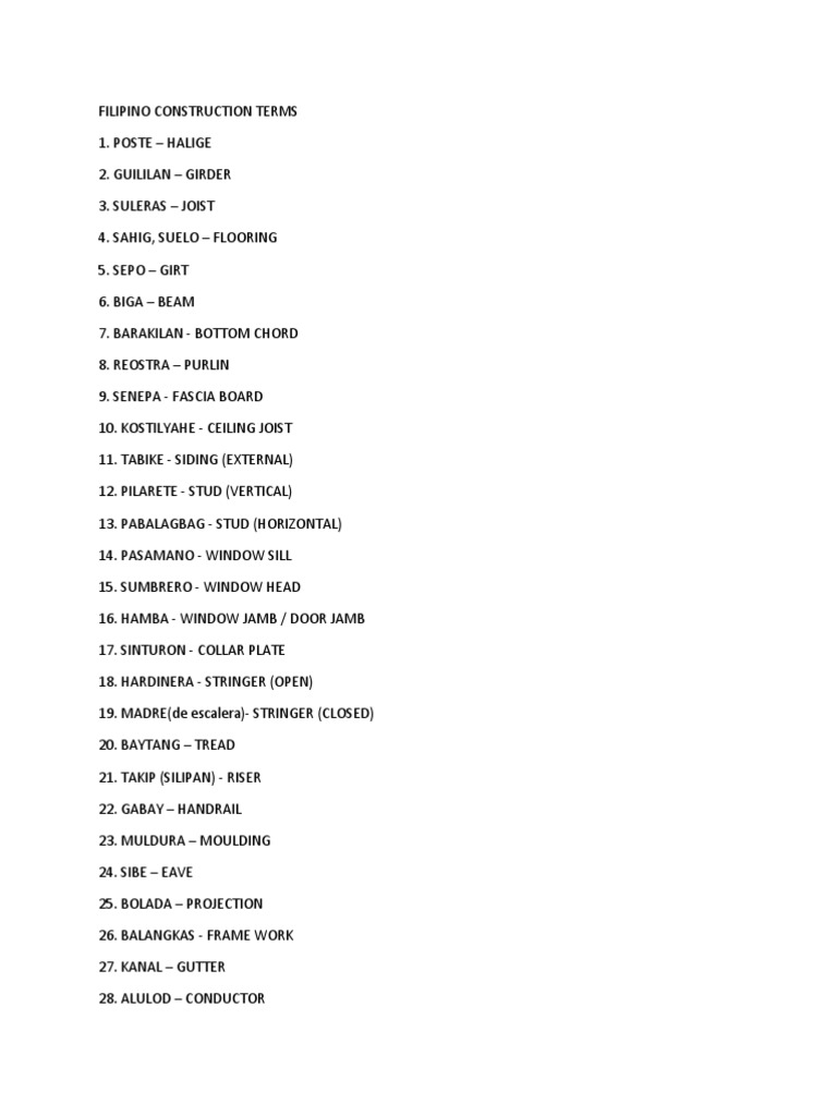 Filipino Construction Terminologies | PDF | Art | Science & Mathematics