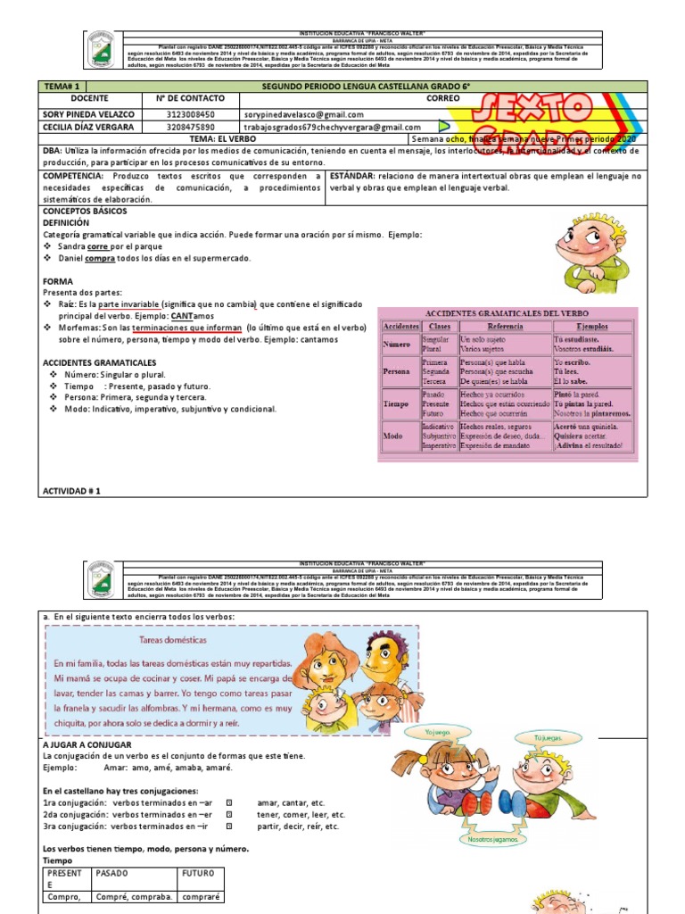 Guía # 1 Lengua Castellana El Verbo Grado 6° | PDF | Conjugación ...