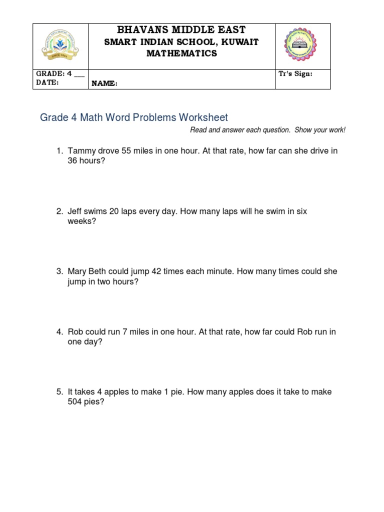 Math Word Problem Worksheet - Grade 4 - Free and Printable | PDF