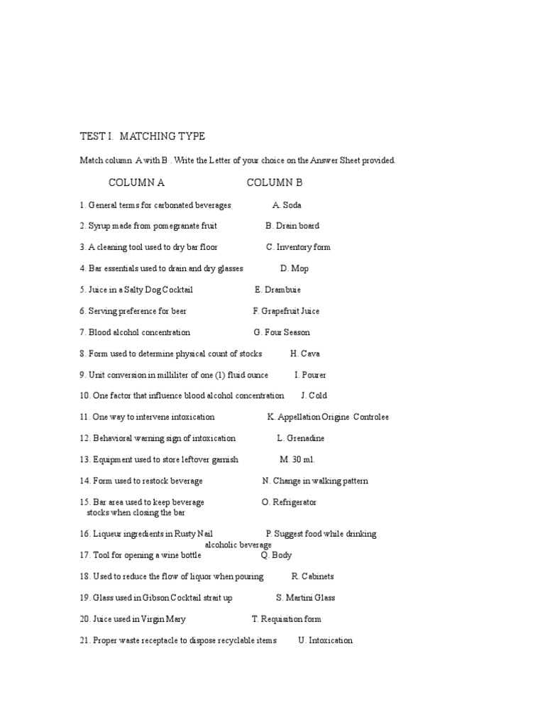 Bartending Written Exam | PDF | Drink | Alcoholic Drinks