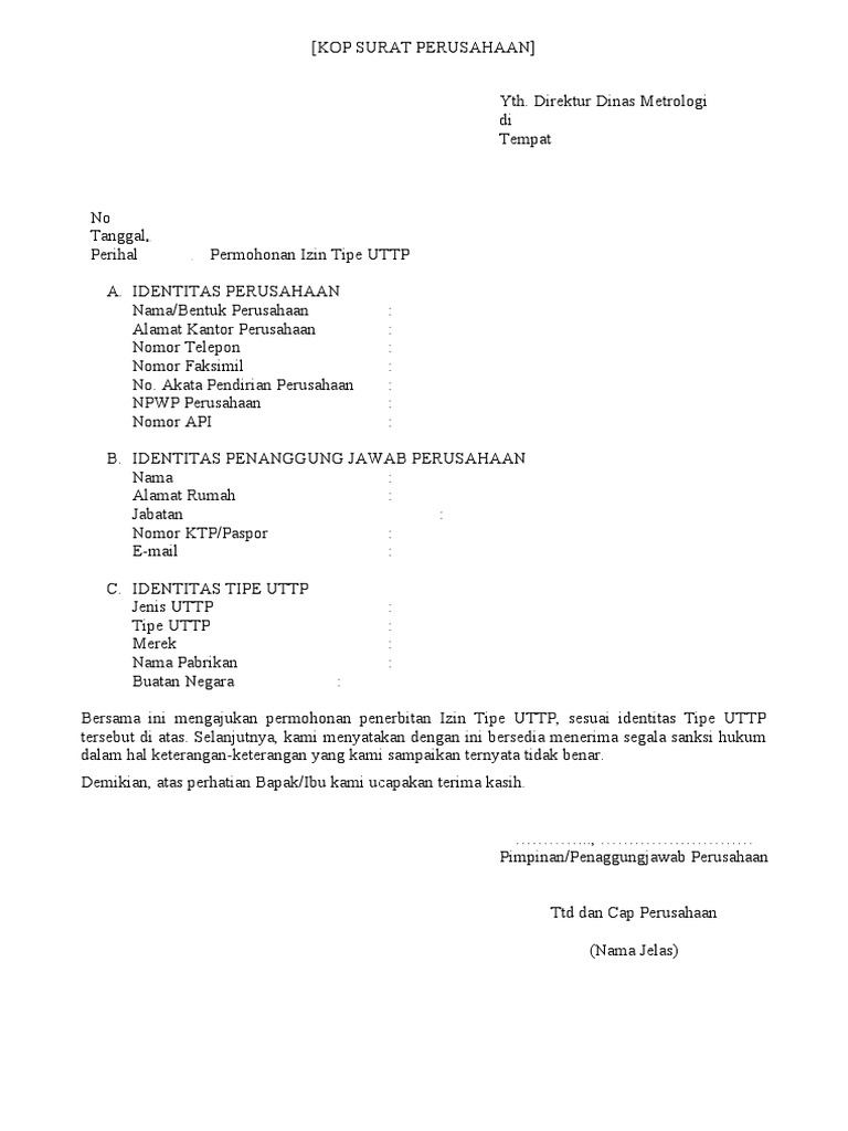 Surat Permohonan Izin Tipe UTTP | PDF