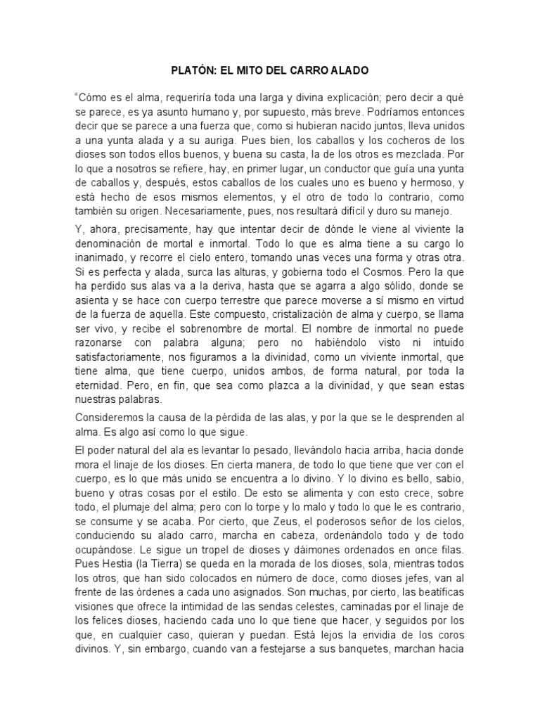PLATÓN El Mito Del Carro Alado | PDF | Alma | Platón